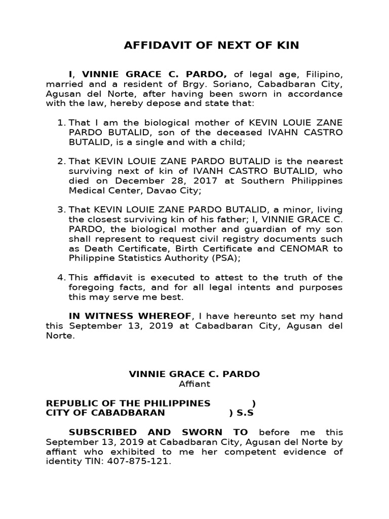 Affidavit of Next of Kin for Minor | PDF