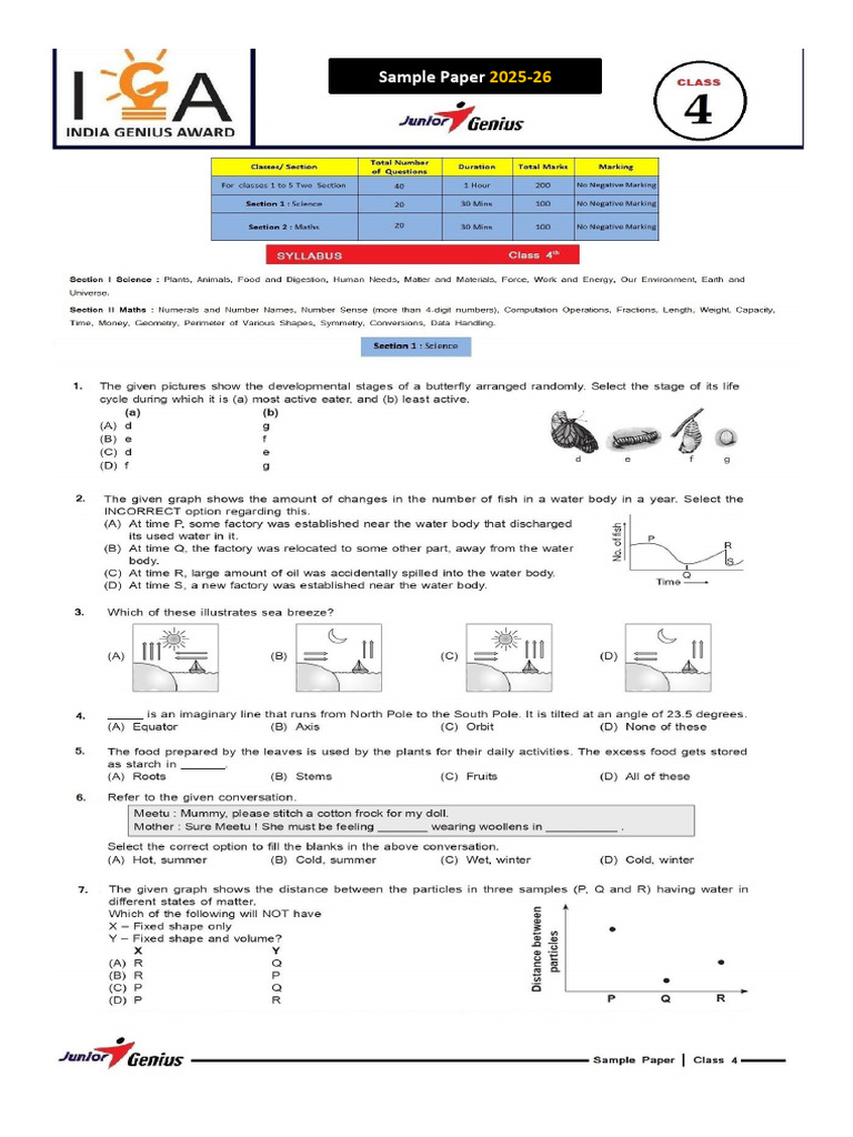Junior Genius Sample Paper Class 4 | PDF