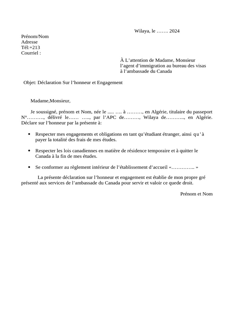 Déclaration d'engagement étudiant pour le Canada | PDF