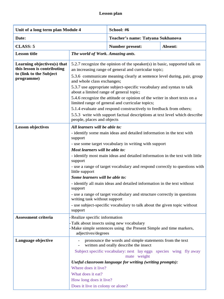 Lesson Plan: Amazing Ants for Grade 5 | PDF | Learning | Vocabulary
