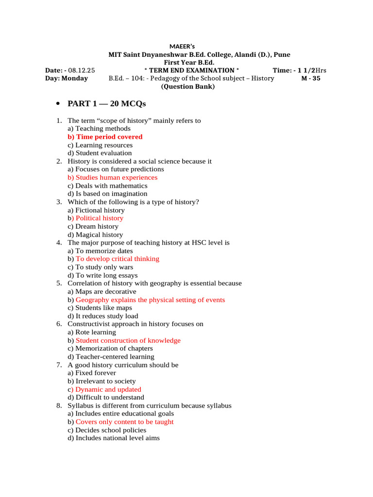 Question Bank (104) History | PDF | Critical Thinking | Learning
