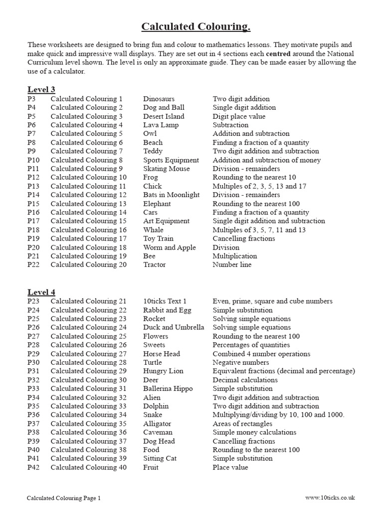 Fun Calculated Colouring Worksheets | PDF | Numbers | Arithmetic