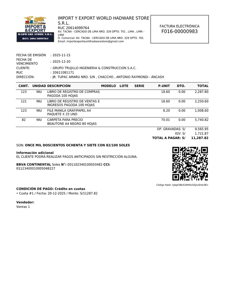 Import Y Export World Hadware Store S.R.L.: RUC 20614099764 Factura ...