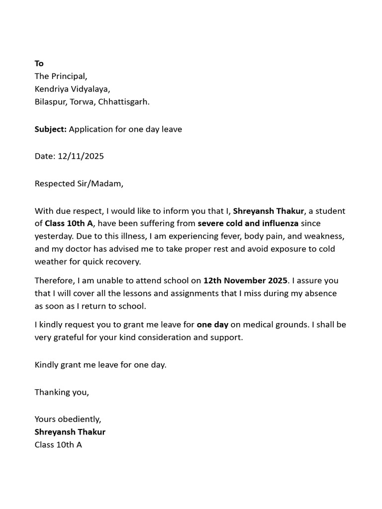 One-Day Leave Application for Illness | PDF