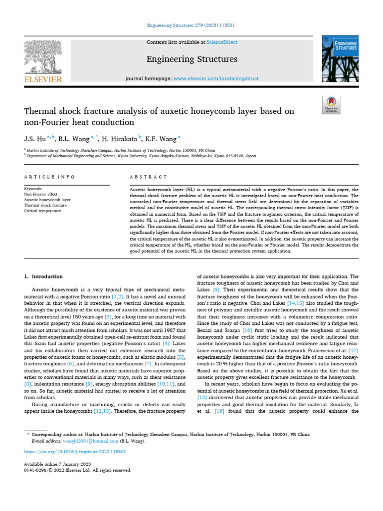 -Thermal shock fracture analysis of auxetic honeycomb layer based on non-Fourier heat conduction ...