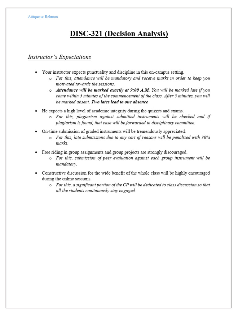 Instructor S Expectations DA | PDF