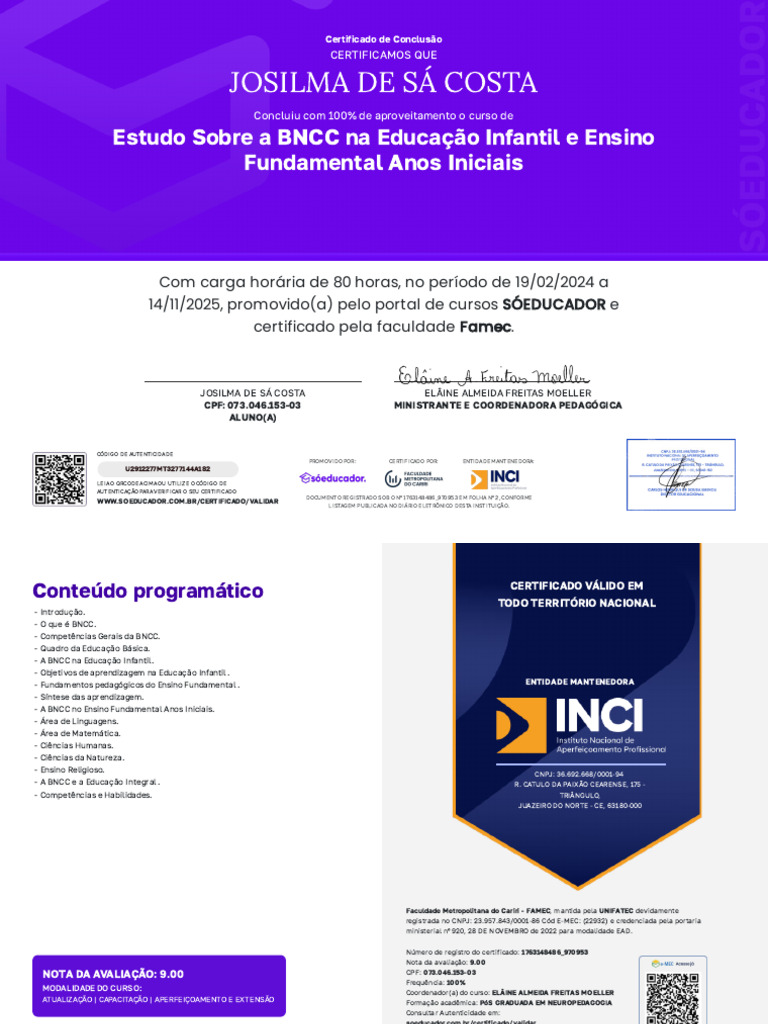 Certificado de Curso BNCC Educação Infantil | PDF | Educação à ...