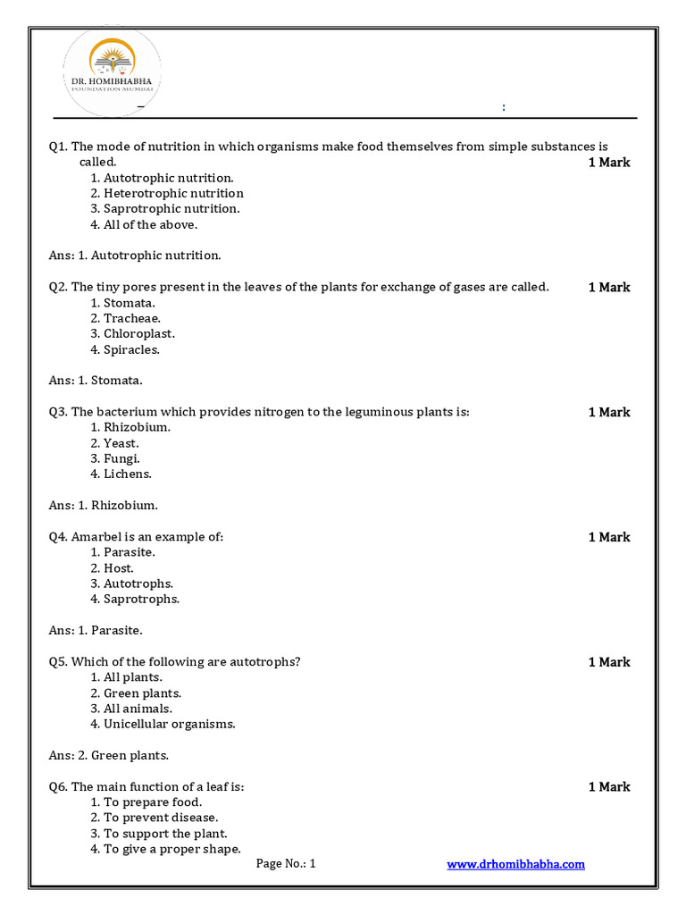 Nutrition in Plants Worksheet for Std 7 | PDF | Plants | Nutrition