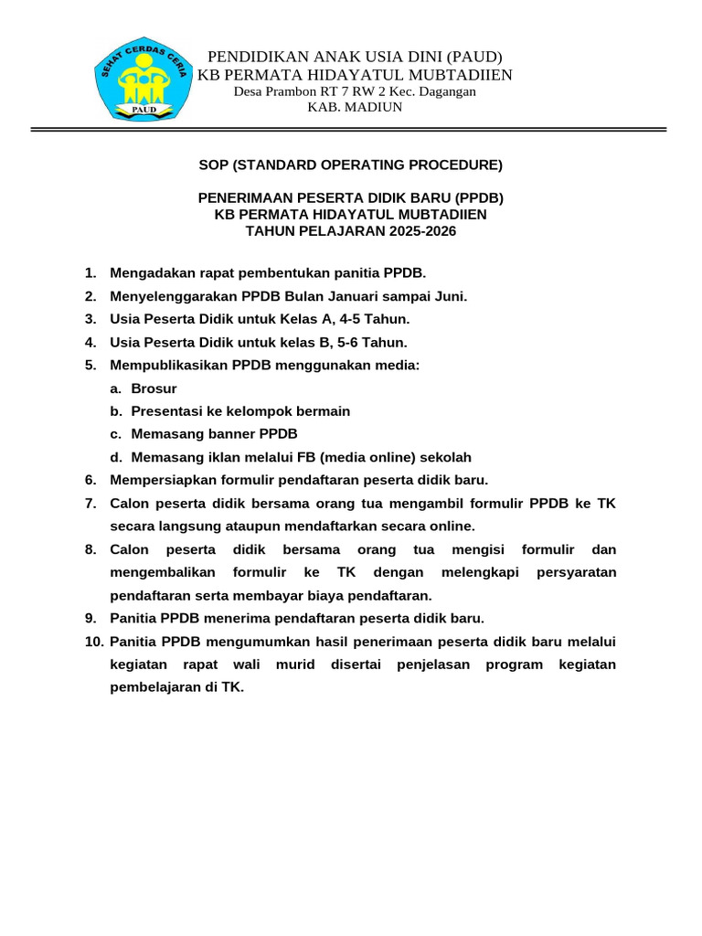 SOP PPDB PAUD KB Permata Hidayatul Mbt. | PDF