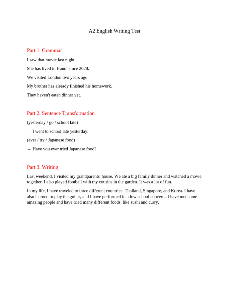 A2 English Writing Test | PDF