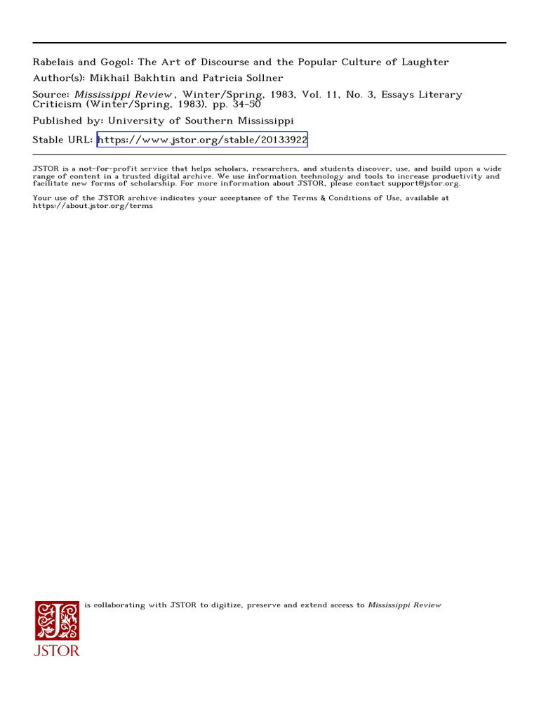 Bakhtin - Rabelais and Gogol | PDF | Dead Souls