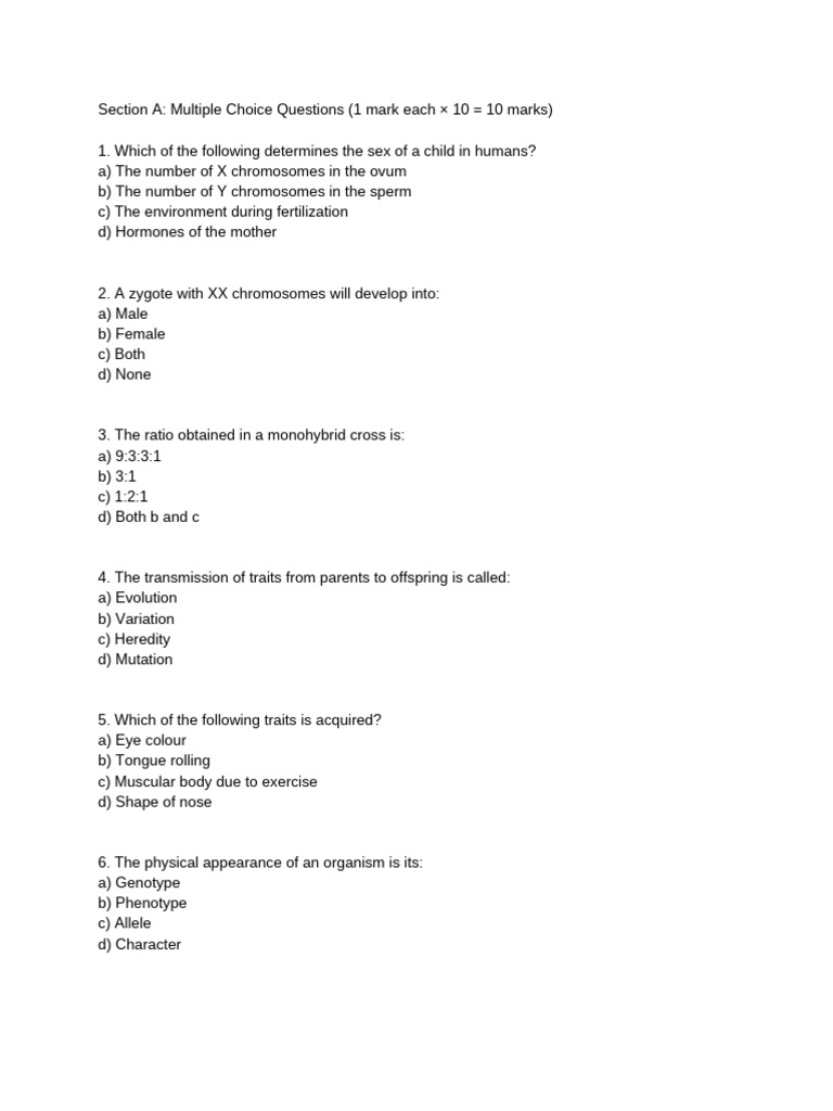 Genetics and Heredity Quiz Questions | PDF | Heredity | Dominance ...