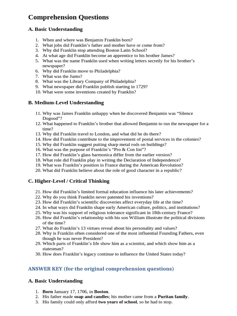 3plik Comprehension Questions - Franklin | PDF | Benjamin Franklin