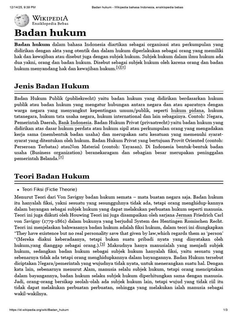 Badan hukum - Wikipedia bahasa Indonesia, ensiklopedia bebas | PDF