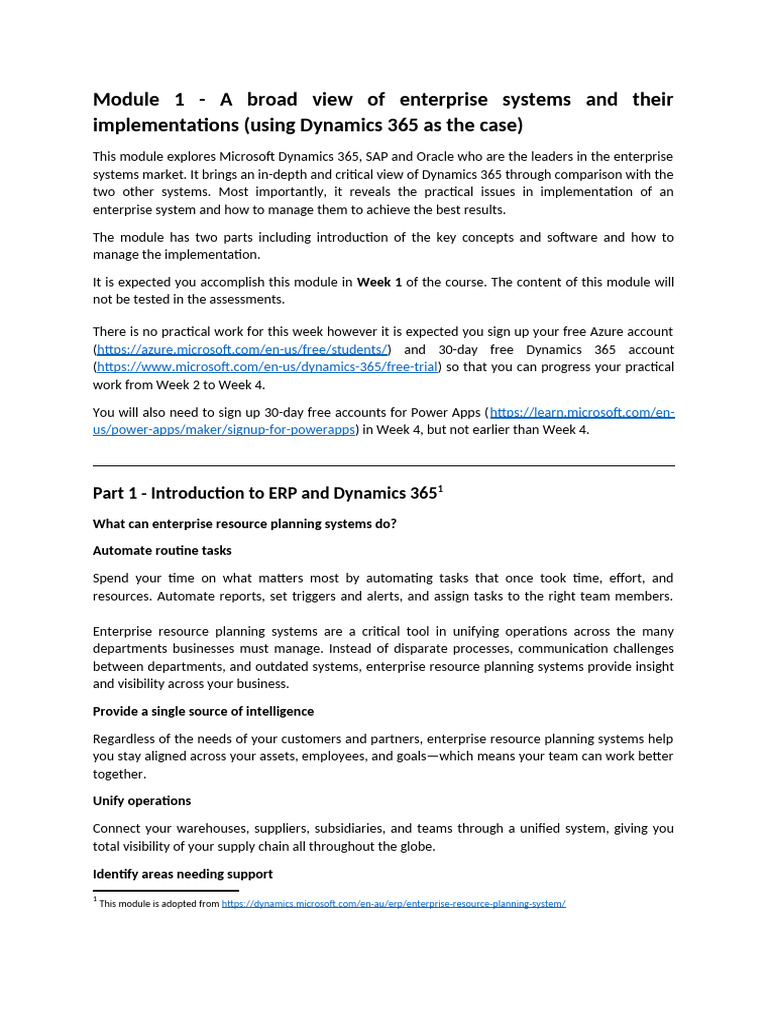 Module 1 Overview of enterprise systems and Dynamics 365 | PDF ...