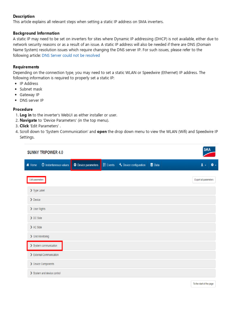 Set Static IP on SMA Inverters Guide | PDF