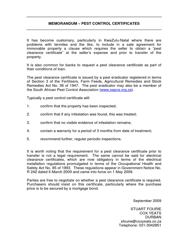 Pest Control Certificates for Property Sales | PDF