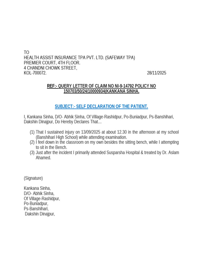 Self Declaration Kankana Sinha Mediclaim | PDF