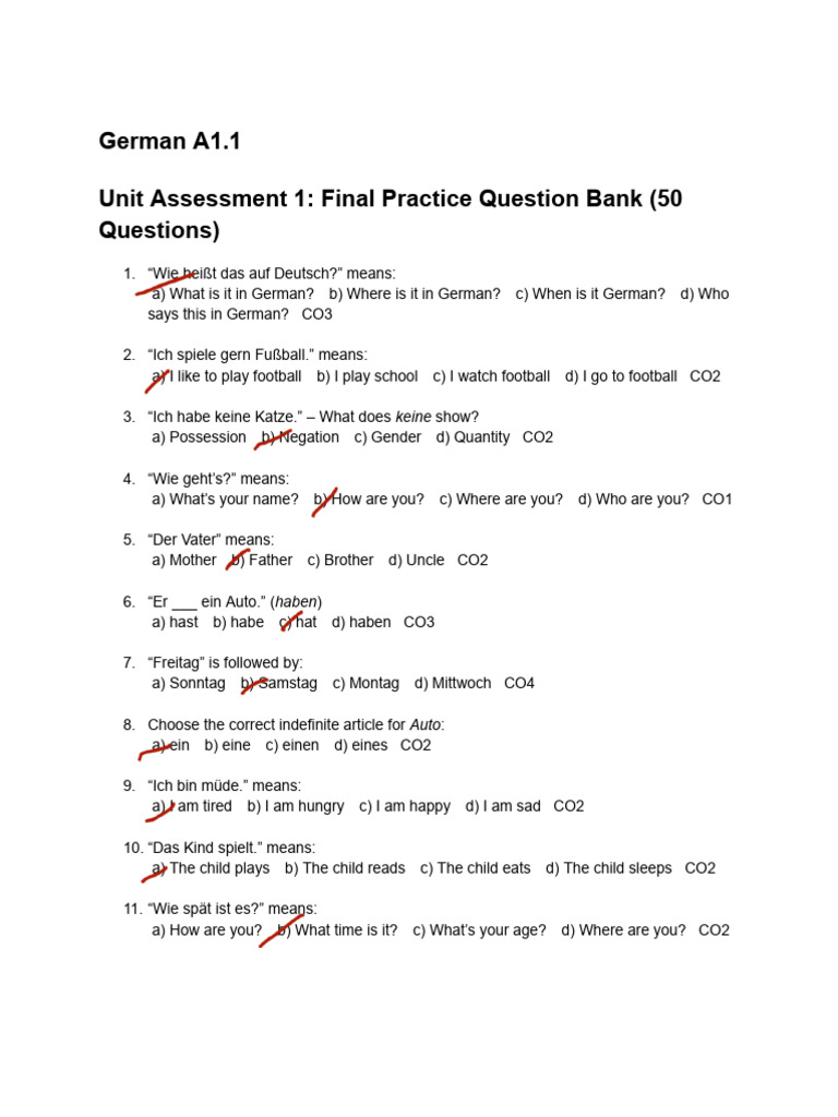 German A1.1 Unit Assessment Question Bank | PDF