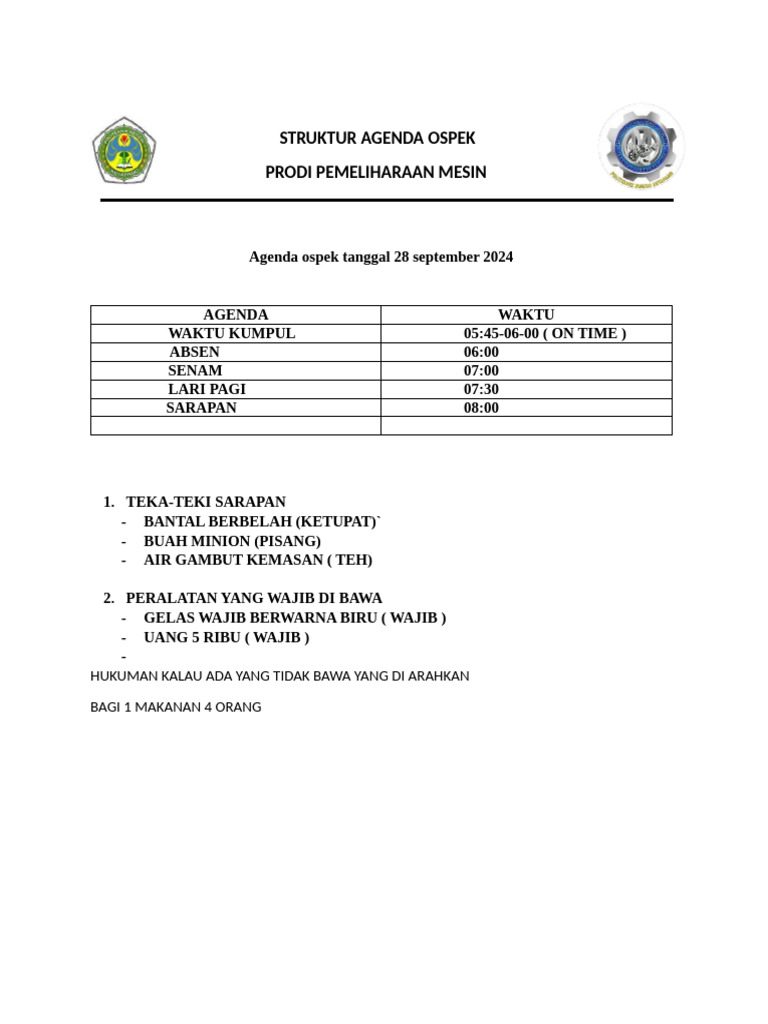 Agenda Ospek 28 | PDF