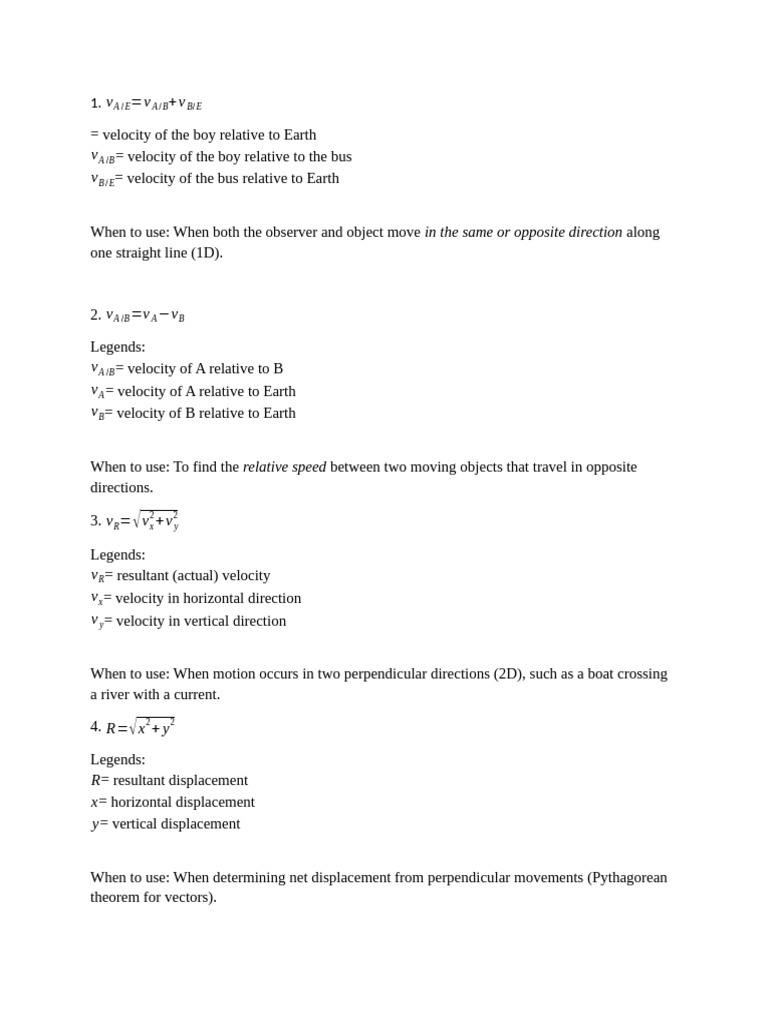 Formulas For Relative Velocity-Horizontally Launched Projectiles | PDF