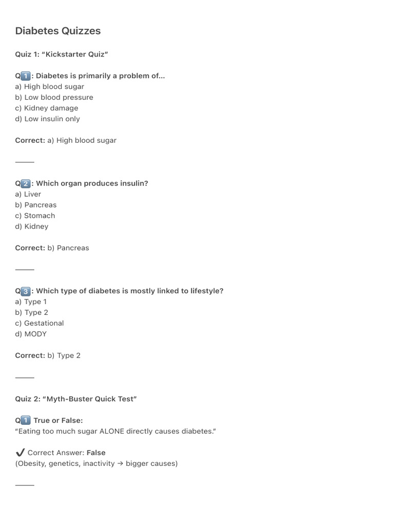Diabetes Knowledge Quizzes and Tests | PDF | Diabetes | Medical Specialties