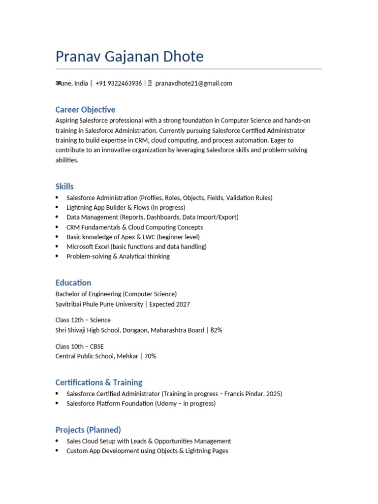 Pranav Gajanan Dhote Salesforce Resume With Excel | PDF