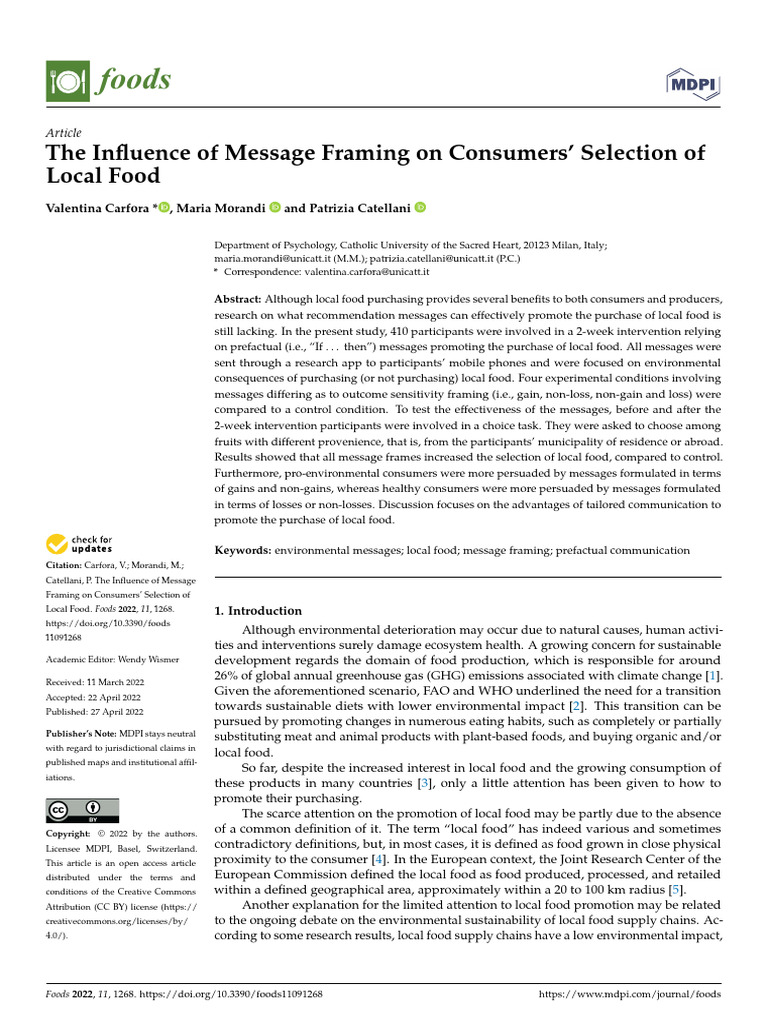 Loss and Gain Framing and Food Choices | PDF | Local Food | Framing ...