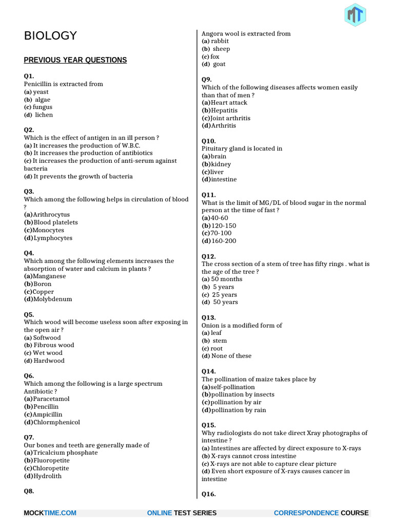 Biology Online Test Series Questions | PDF | Blood | Plants