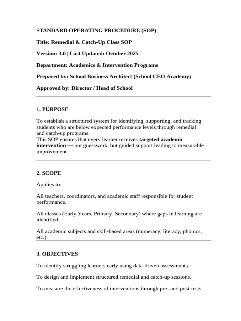 Remedial & Catch-Up Class SOP | PDF | Teachers | Reading Comprehension