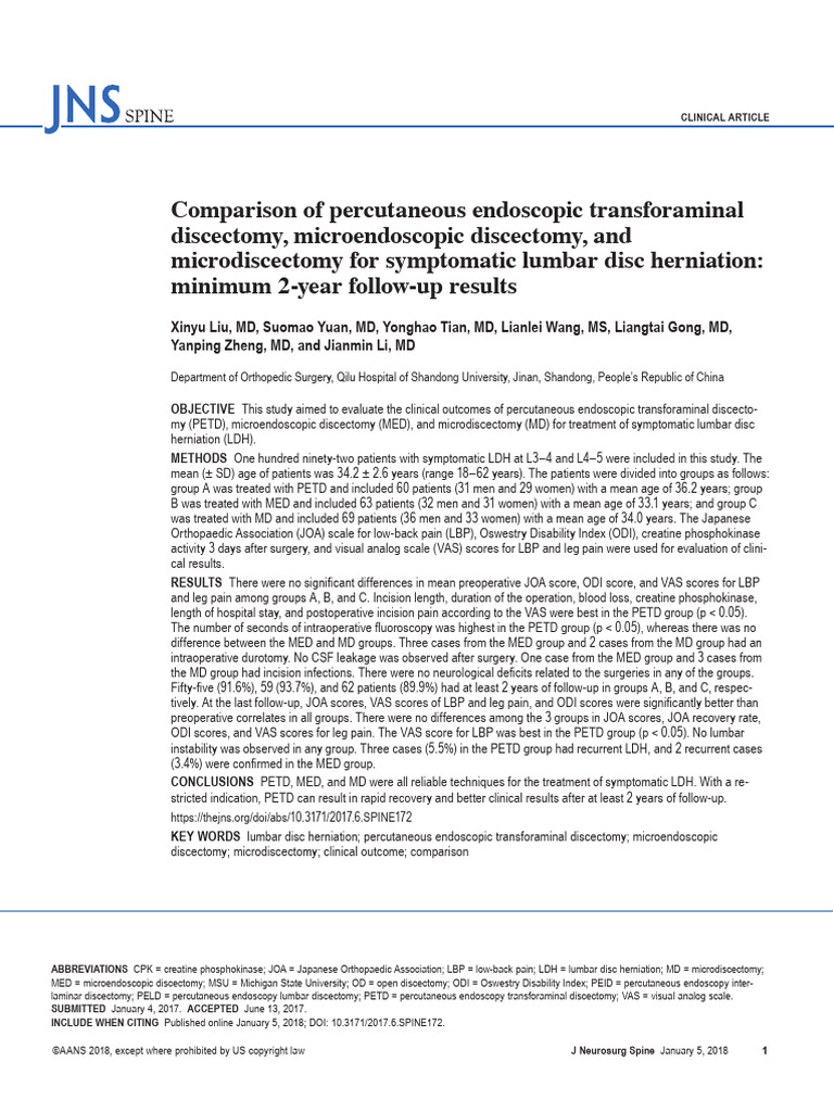 2018-JNS-Q1-Comparison of Percutaneous Endoscopic Transforaminal ...