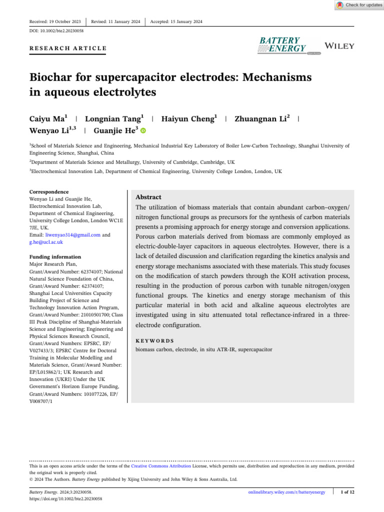 Biochar for Supercapacitor Electrodes -Mechanisms in Aqueous ...