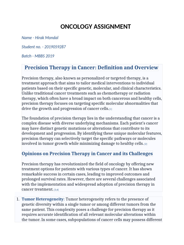 Oncology Assignment. Hirak 2019059287 | PDF | Cancer | Therapy