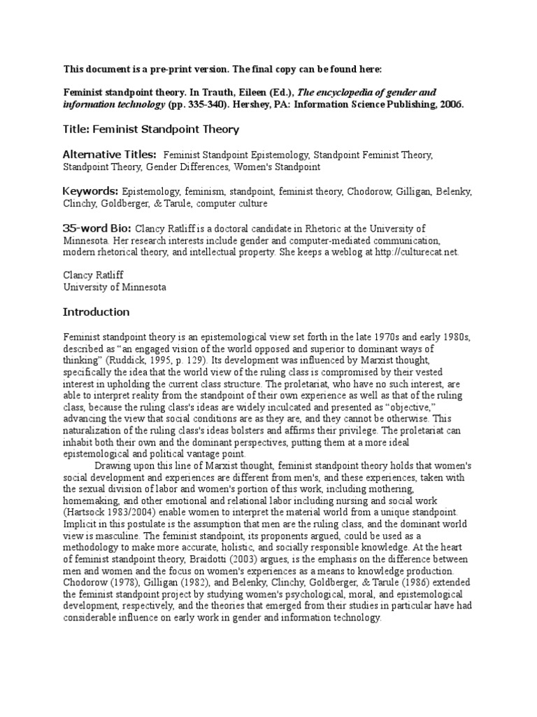 Feminist Standpoint Theory | PDF | Gender Role | Feminism