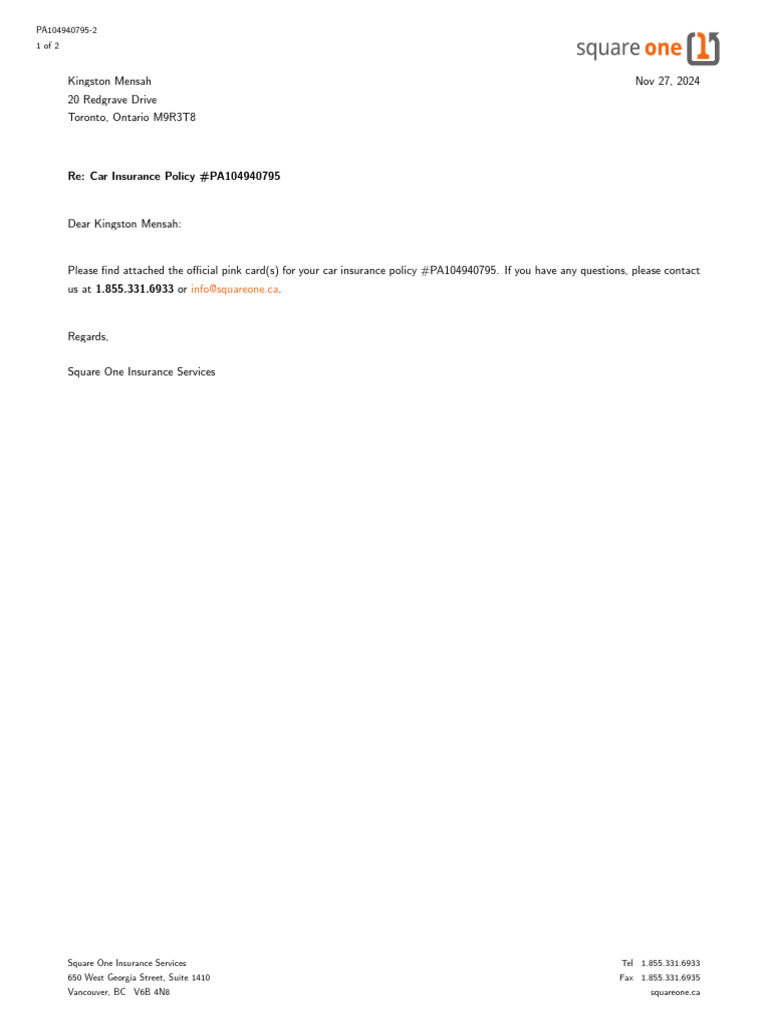 (Auto Pink Card Document) Policy PA104940795-V2 | PDF | Vehicle ...