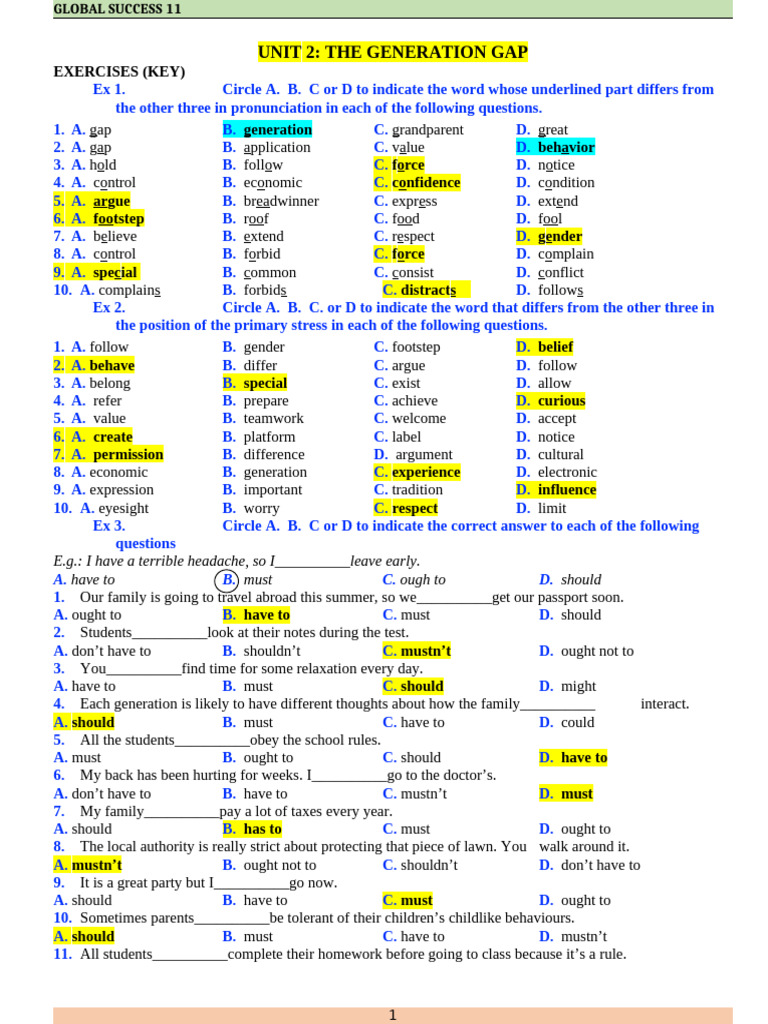 Unit 2. a Generation Gap .P1 -BT ( Key) | PDF | Adolescence | Curiosity