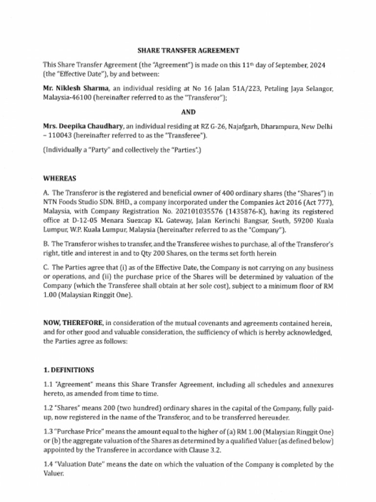 Share Transfer Agreement | PDF