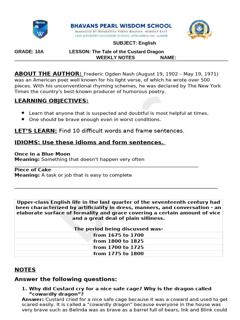 Custard Dragon Lesson Plan for 10th Grade | PDF | Poetry