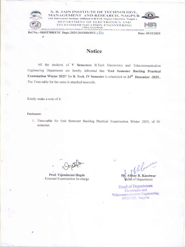 INT-154 - Notice Regarding Time Table of End Semester Backlog Practical ...