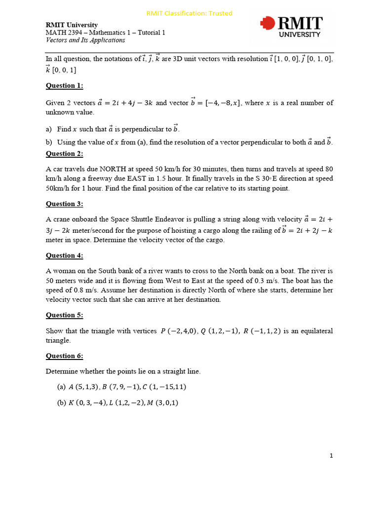 Tutorial w1 Vectors Introduction and Arithmetic (1) | PDF