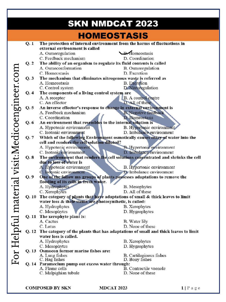 Homeostasis Worksheet 950 Mcqs by SKN 2023 - Compressed - Watermark | PDF