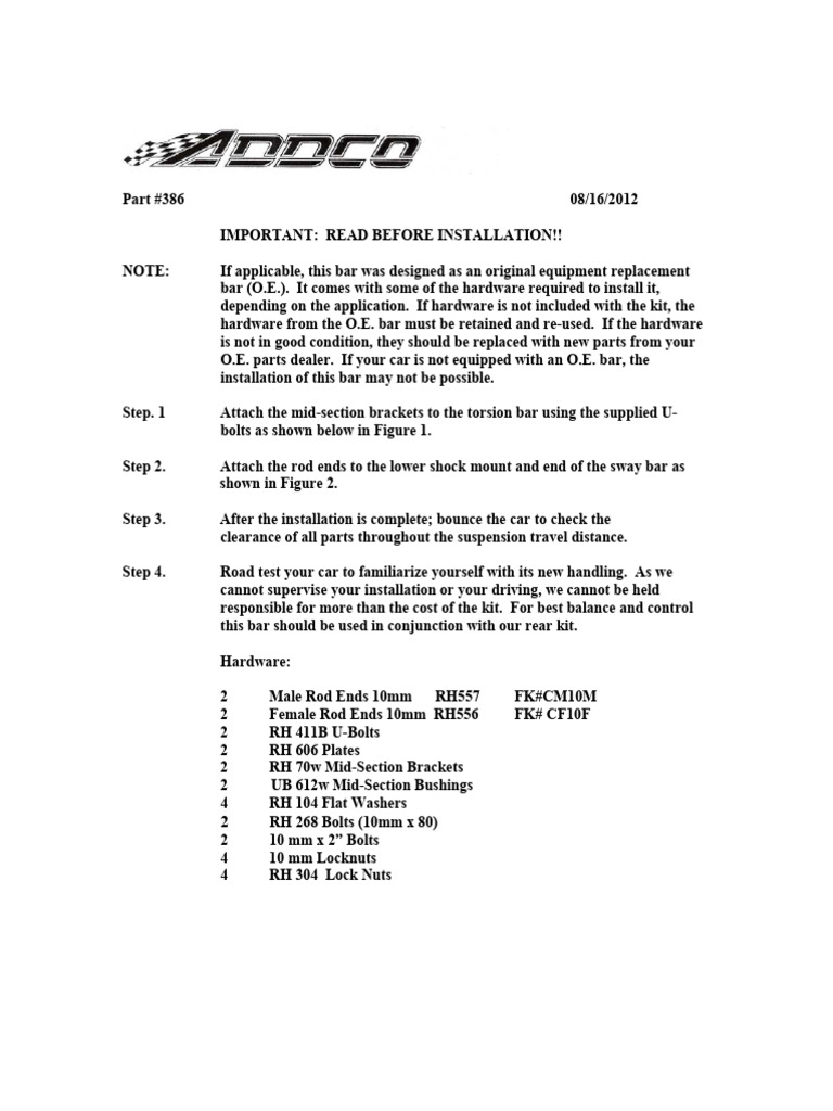 386 Addco Rear Sway Bar | PDF