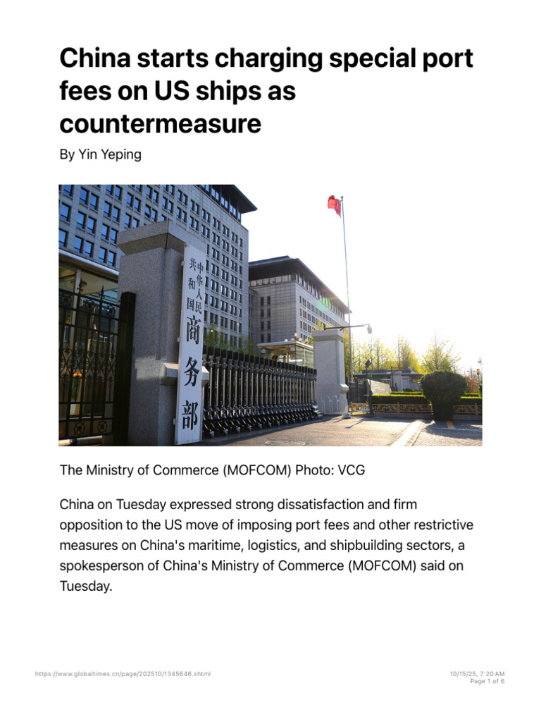 China Imposes Port Fees on US Ships | PDF | China | World Politics