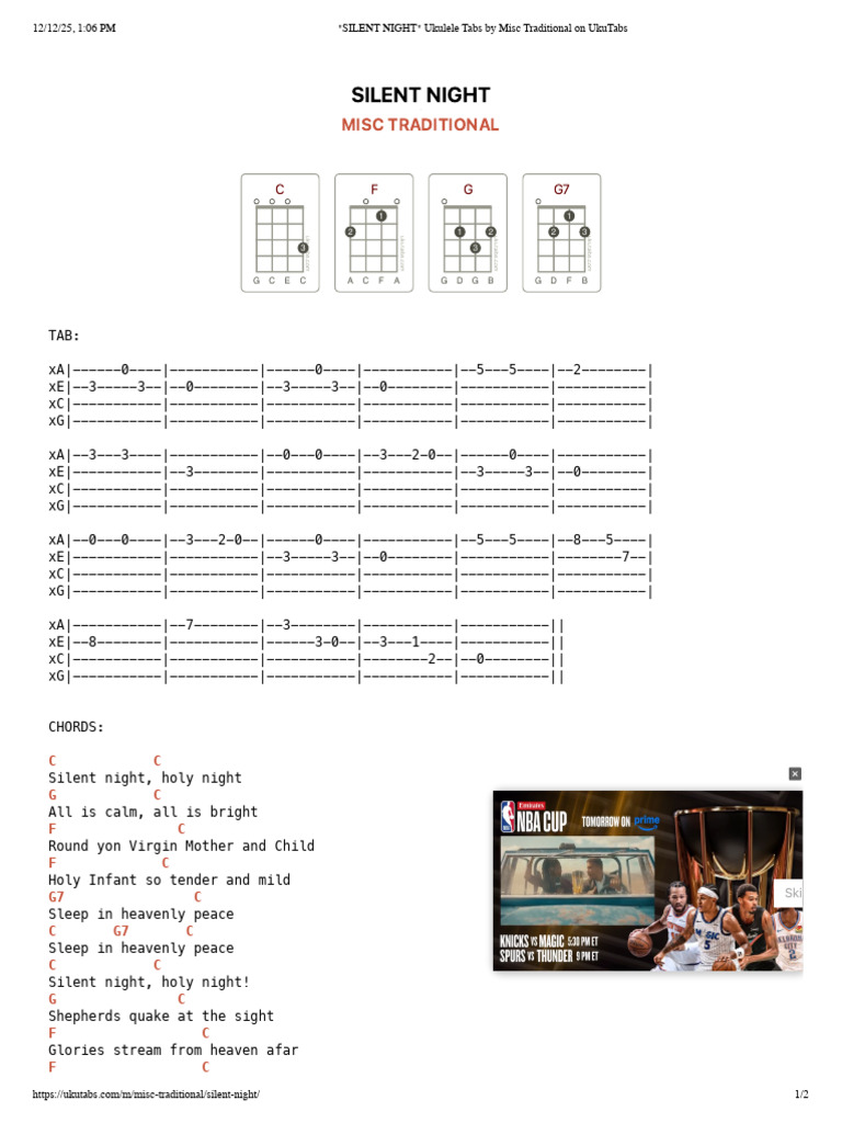SILENT NIGHT - Ukulele Tabs by Misc Traditional On UkuTabs | PDF ...
