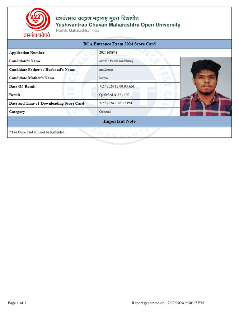 BCA Entrance Exam 2024 Score Card | PDF