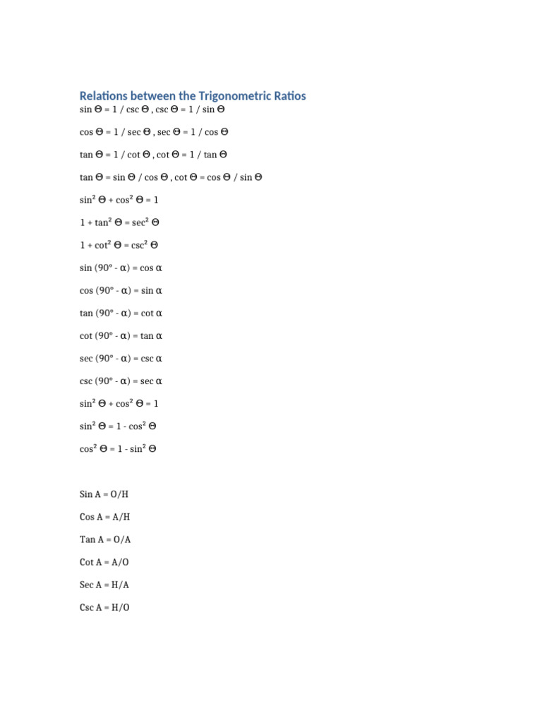 Trigonometric Ratios and Their Relations | PDF