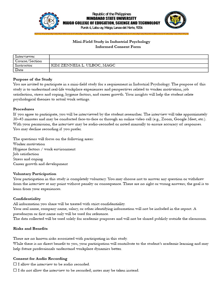 Informed Consent Form (1) | PDF | Psychology | Motivation