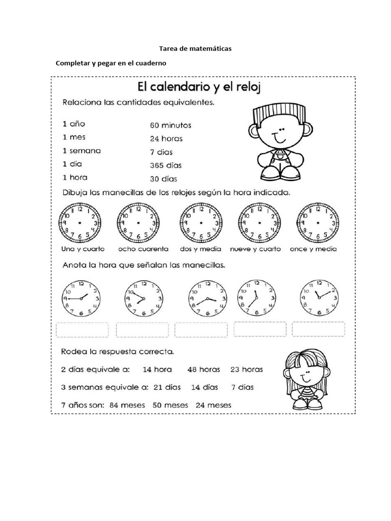 Tarea de Matemáticas - El Calendario y Reloj | PDF