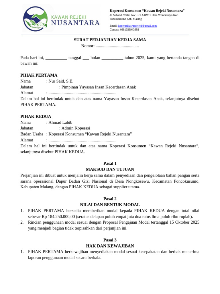 Perjanjian Kerja Sama Koperasi Pangan | PDF