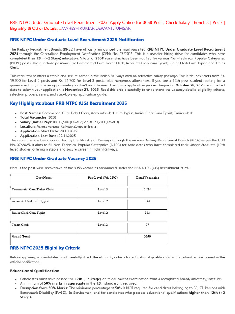 RRB NTPC UG Recruitment 2025: 3058 Posts | PDF | Cost Of Living